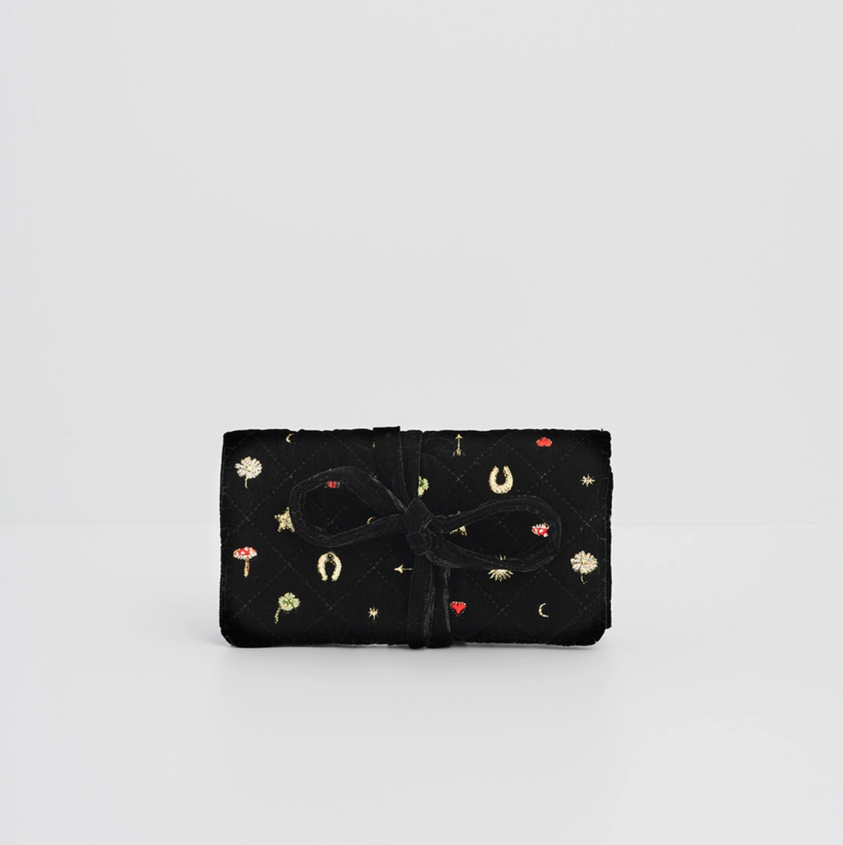 Black Quilted Motif Velvet Embroidered Jewelry Roll | Brave Daughters
